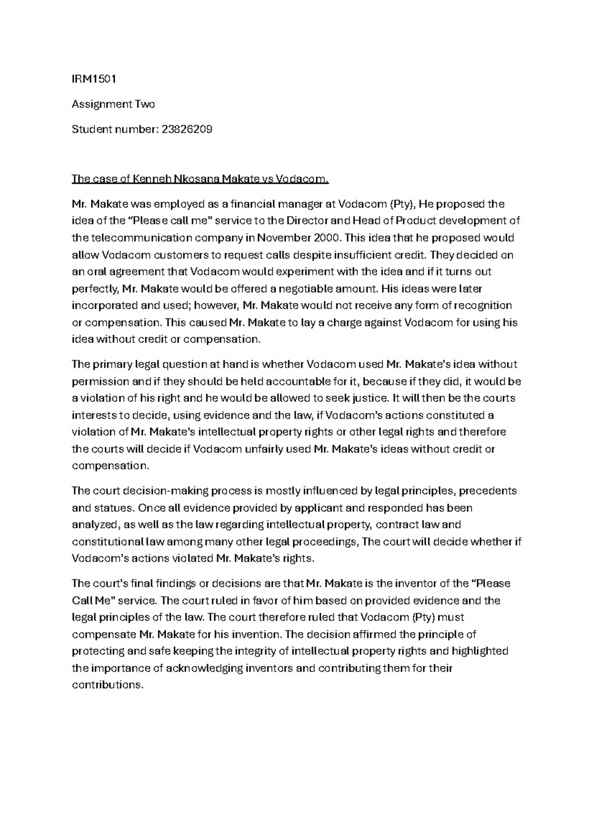 IRM1501 Assignment 2024 - IRM Assignment Two Student number: 23826209 The case of Kenneh Nkosana ...