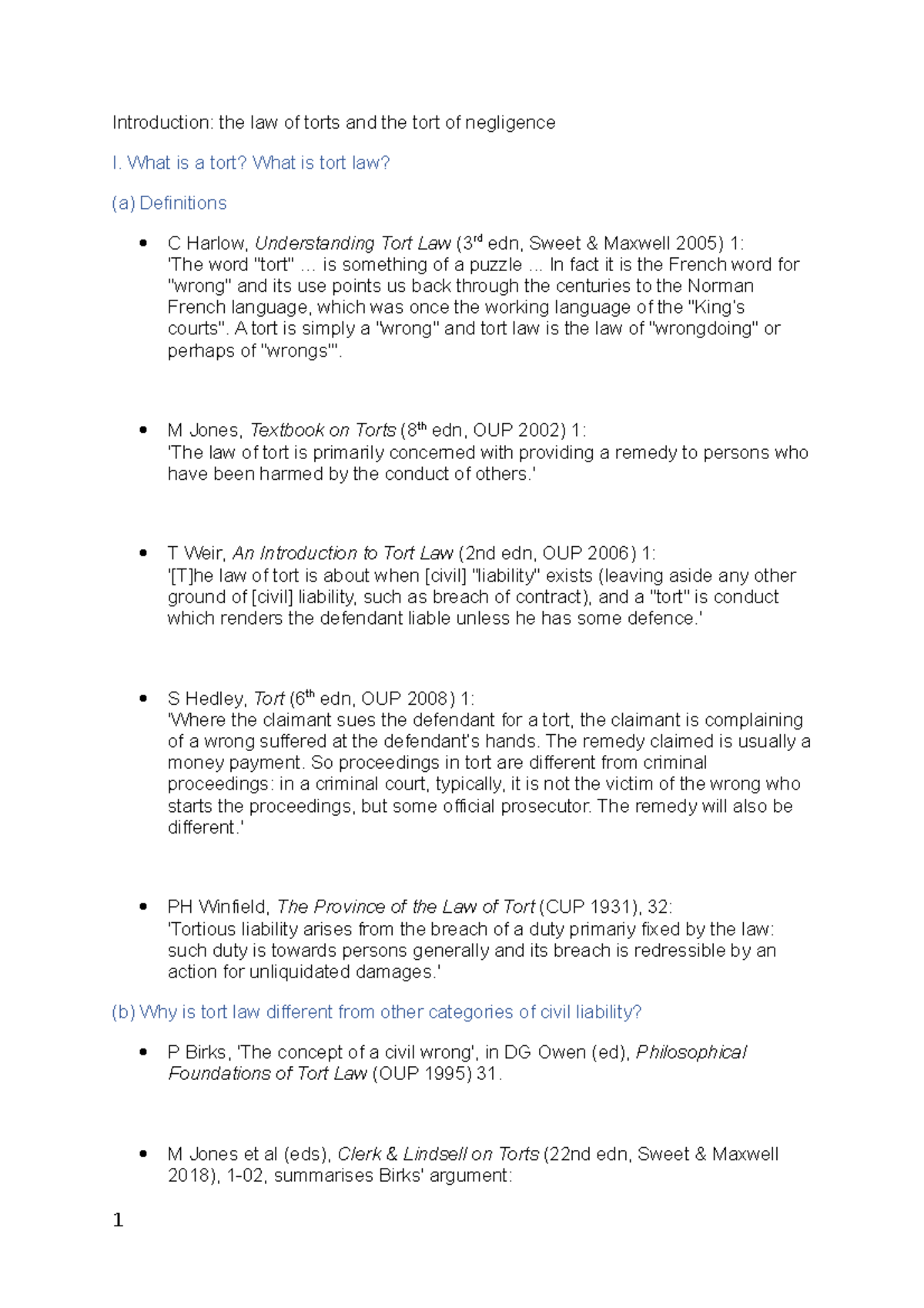 Tort lecture 1 - Introduction: the law of torts and the tort of negligence I. What is a tort ...