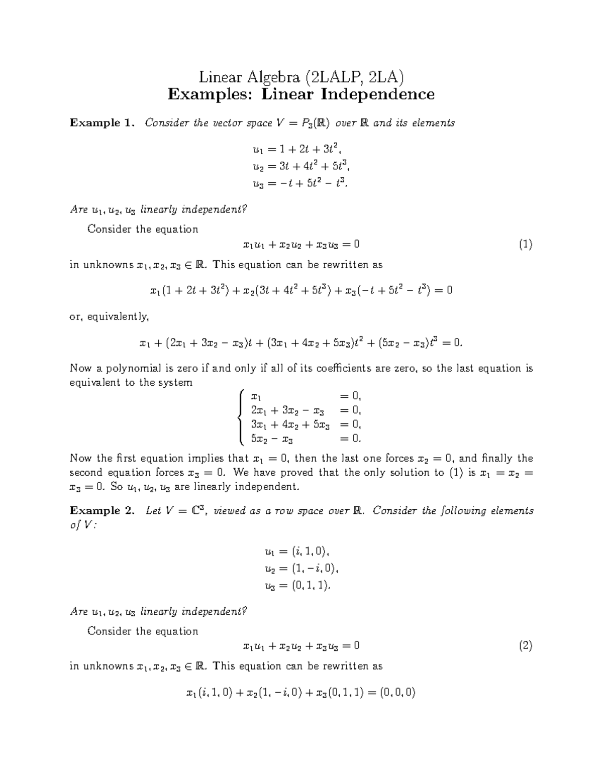 Examples Linear Independence - Linear Algebra (2LALP, 2LA) Examples ...
