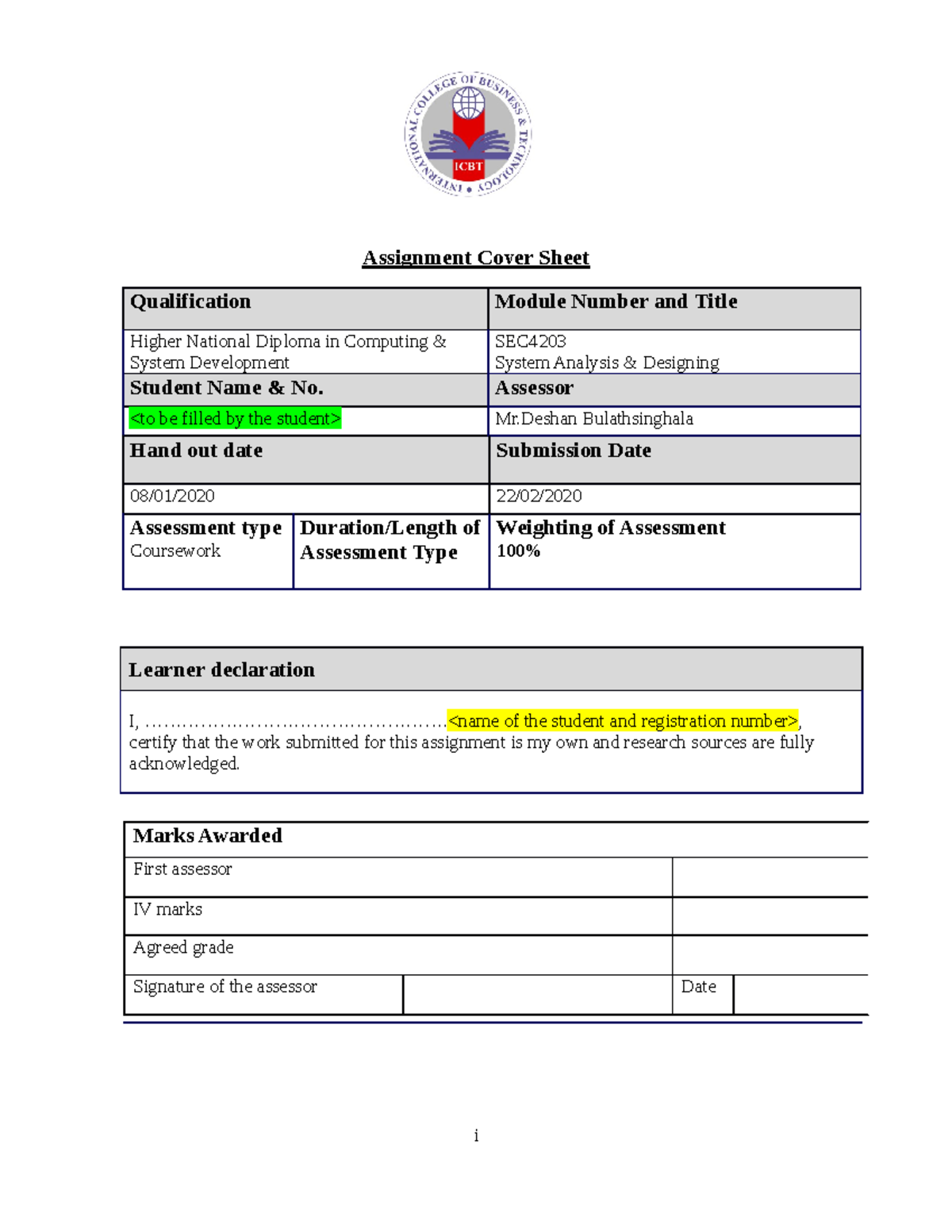 system analysis and design - Assignment Cover Sheet Qualification ...