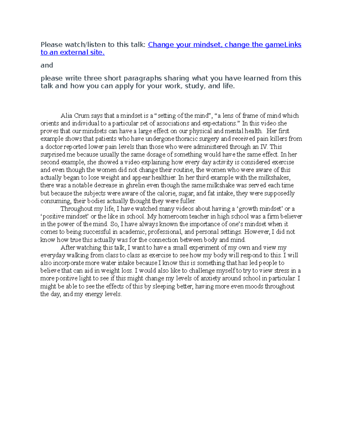 Reflection on Change your mindset - Please watch/listen to this talk ...