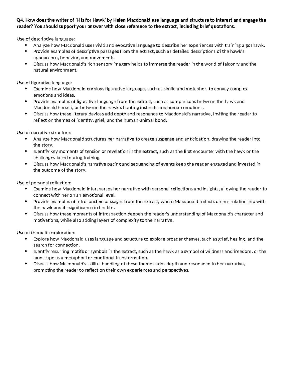 Essay Plan P1 Q4 H is for Hawk - Q4. How does the writer of 'H is for ...