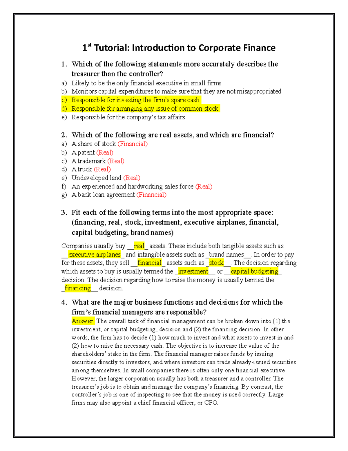 1st Tutorial - notes - 1 st Tutorial: Introduction to Corporate Finance ...