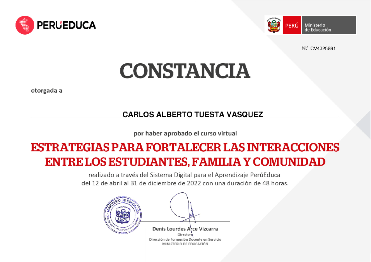 4025861 - frewerfhg - PERUEDUCA PERÚ Ministerio de Educación CV4025861 CONSTANCIA otorgada a ...