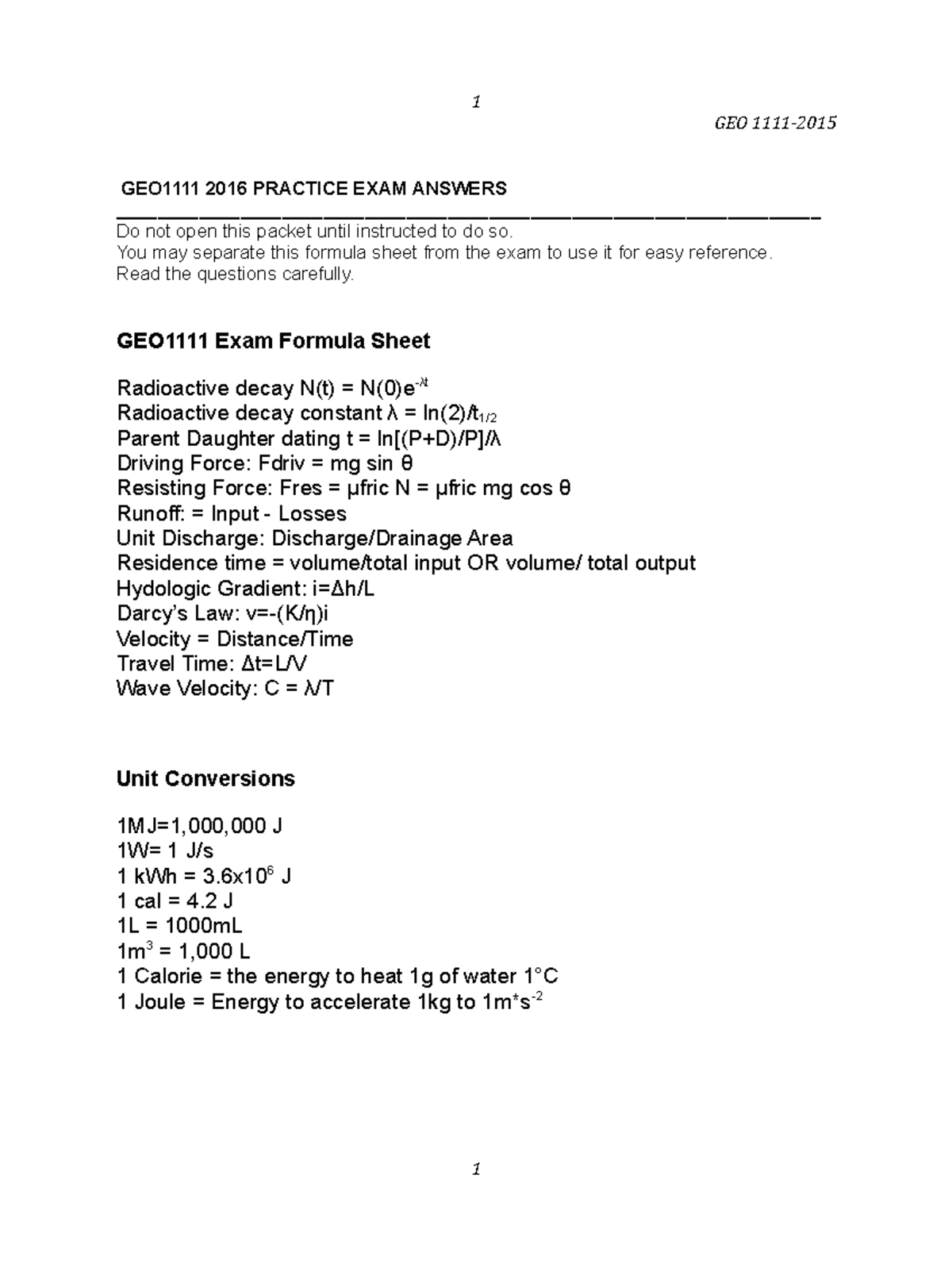 Final Exam 2015, questions and answers - 1 GEO 1111-2015 GEO1111 2016 ...
