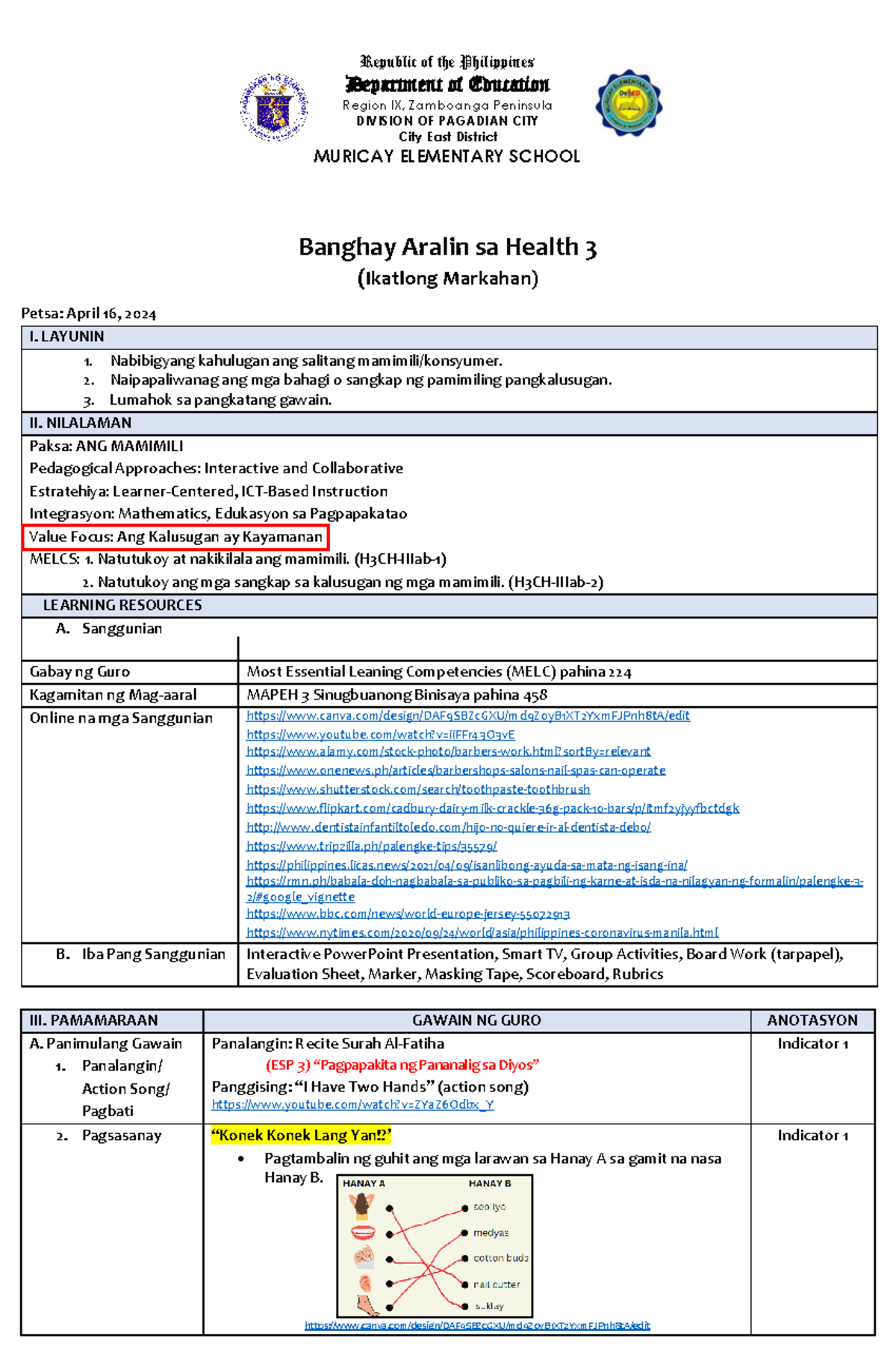 Health 3 - Lesson plan for demonstration teaching - Republic of the ...