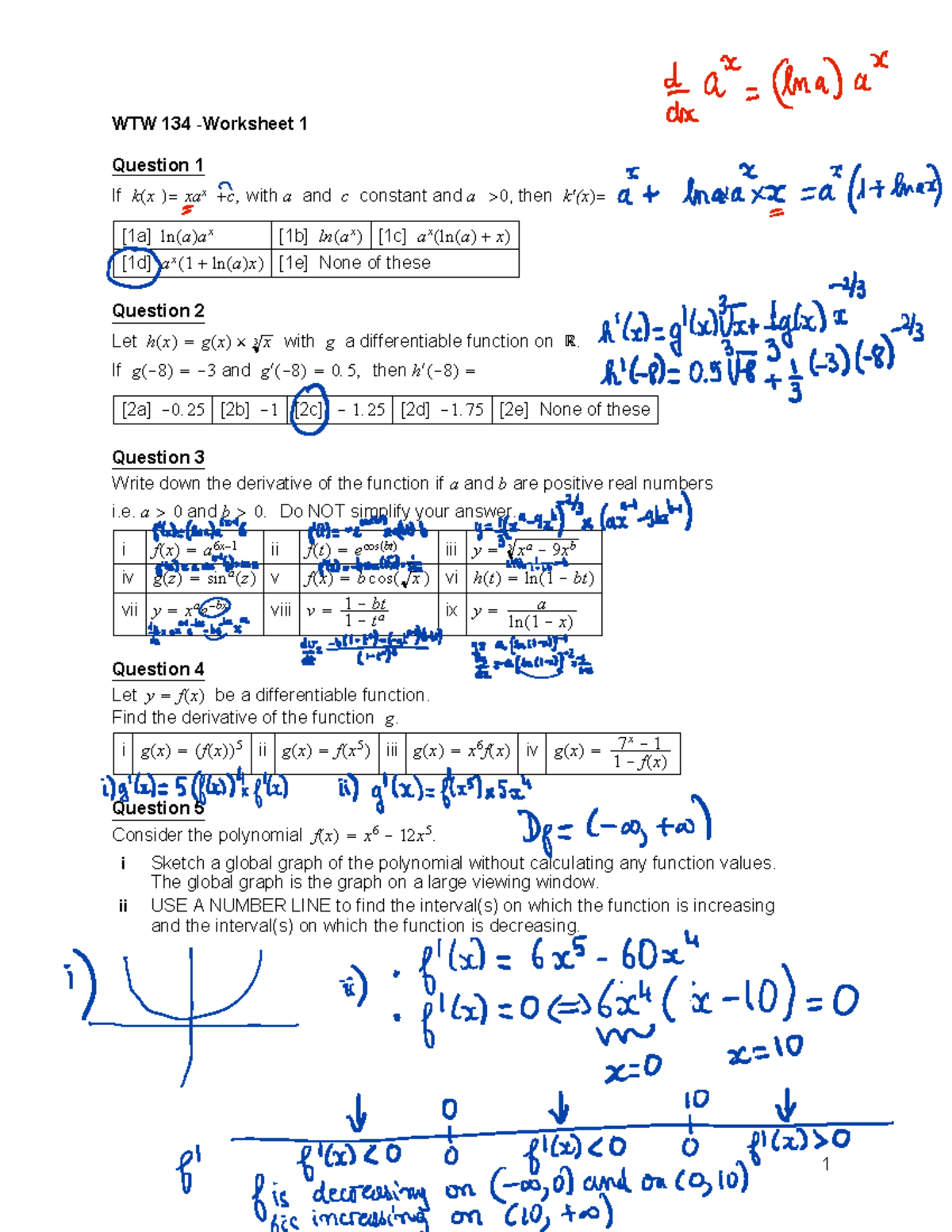 Worksheet differentiation - WTW 134 - Worksheet 1 Question 1 If k x )= xax c, with a and c ...