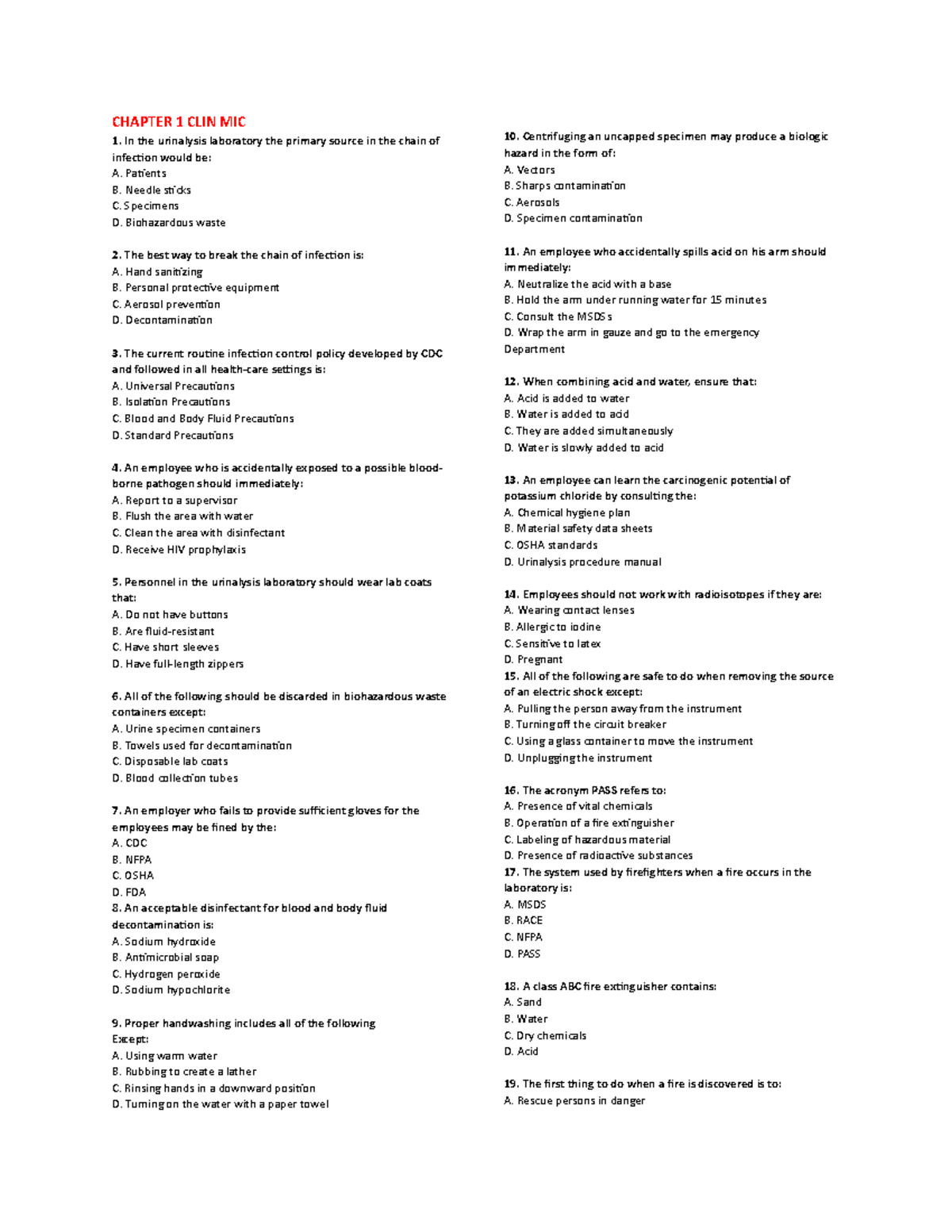 CLIN MIC Questions BCK BOOK - CHAPTER 1 CLIN MIC In the urinalysis laboratory the primary source ...