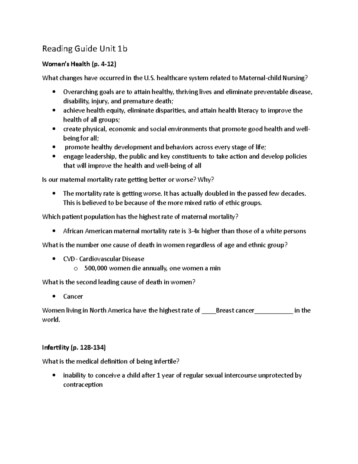 Reading Guide Unit 1b - Reading Guide Unit 1b Women’s Health (p. 4-12 ...