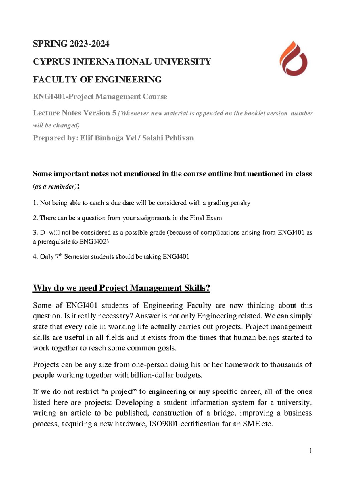 Project management ENGI401 Spring 2324 v4-23-10-30 - SPRING 2023 - 2024 ...