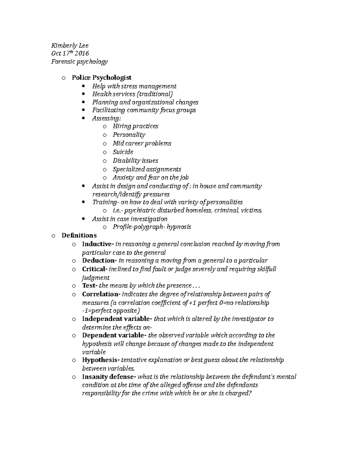 Forensics psychology notes - Kimberly Lee Oct 17th 2016 Forensic ...