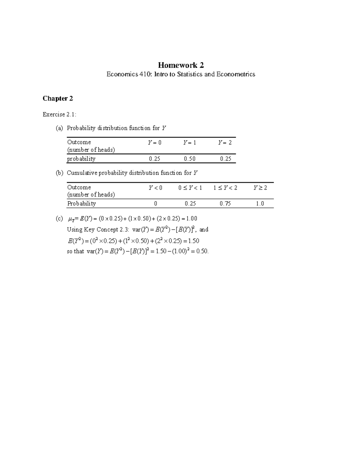 Homework 2 Solutions Homework 2 Economics 410 Intro To Statistics And Econometrics Chapter 2