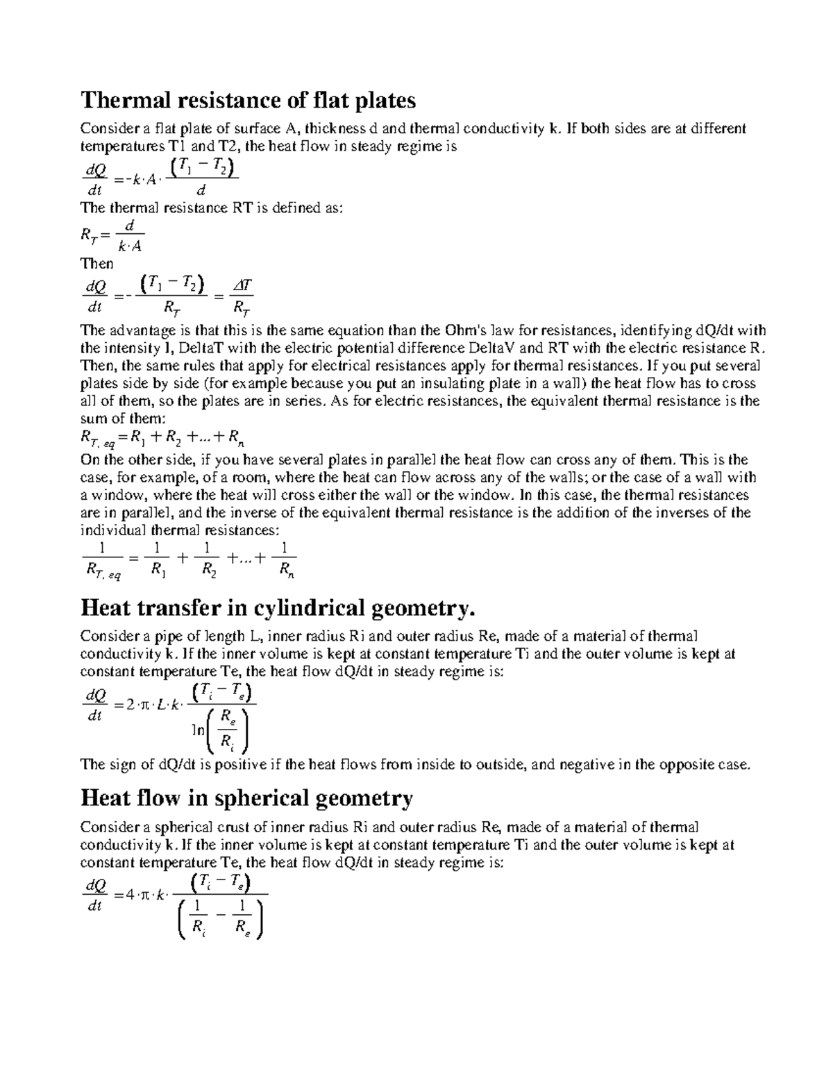 Heat transfer additional equations - Thermal resistance of flat plates ...