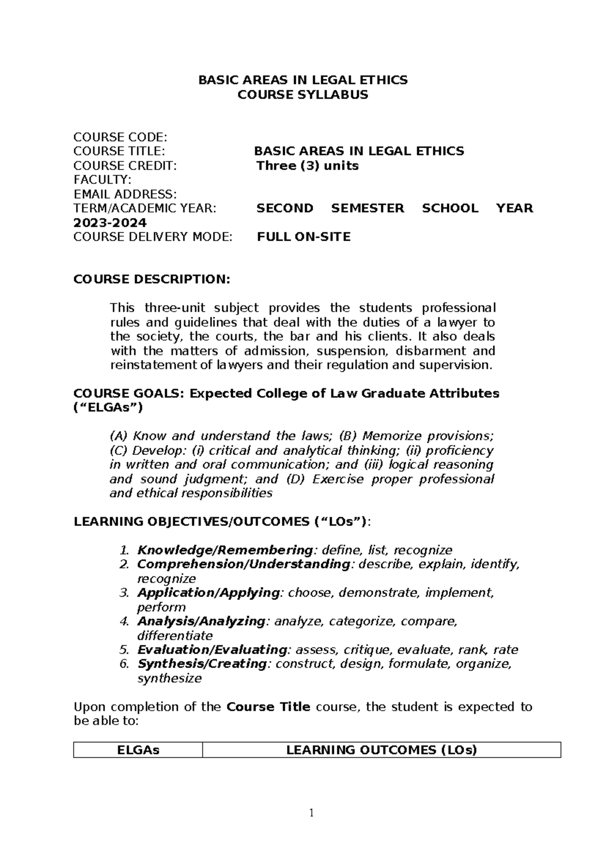 BALE Course Outline 2023 2024 - BASIC AREAS IN LEGAL ETHICS COURSE ...