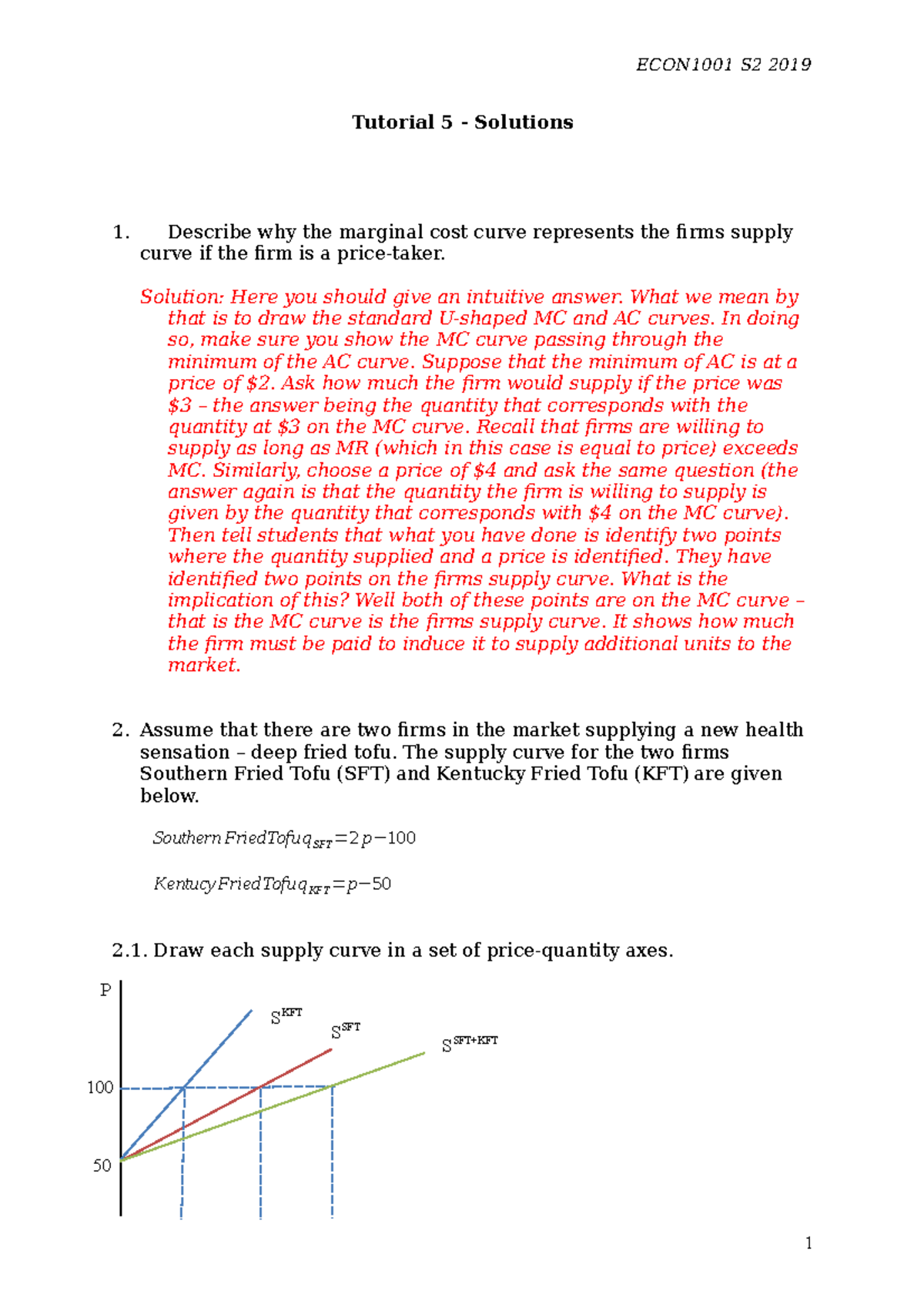 ECON1001 S2 2019 Tutorial 5 Solution - Tutorial 5 - Solutions Describe why the marginal cost ...