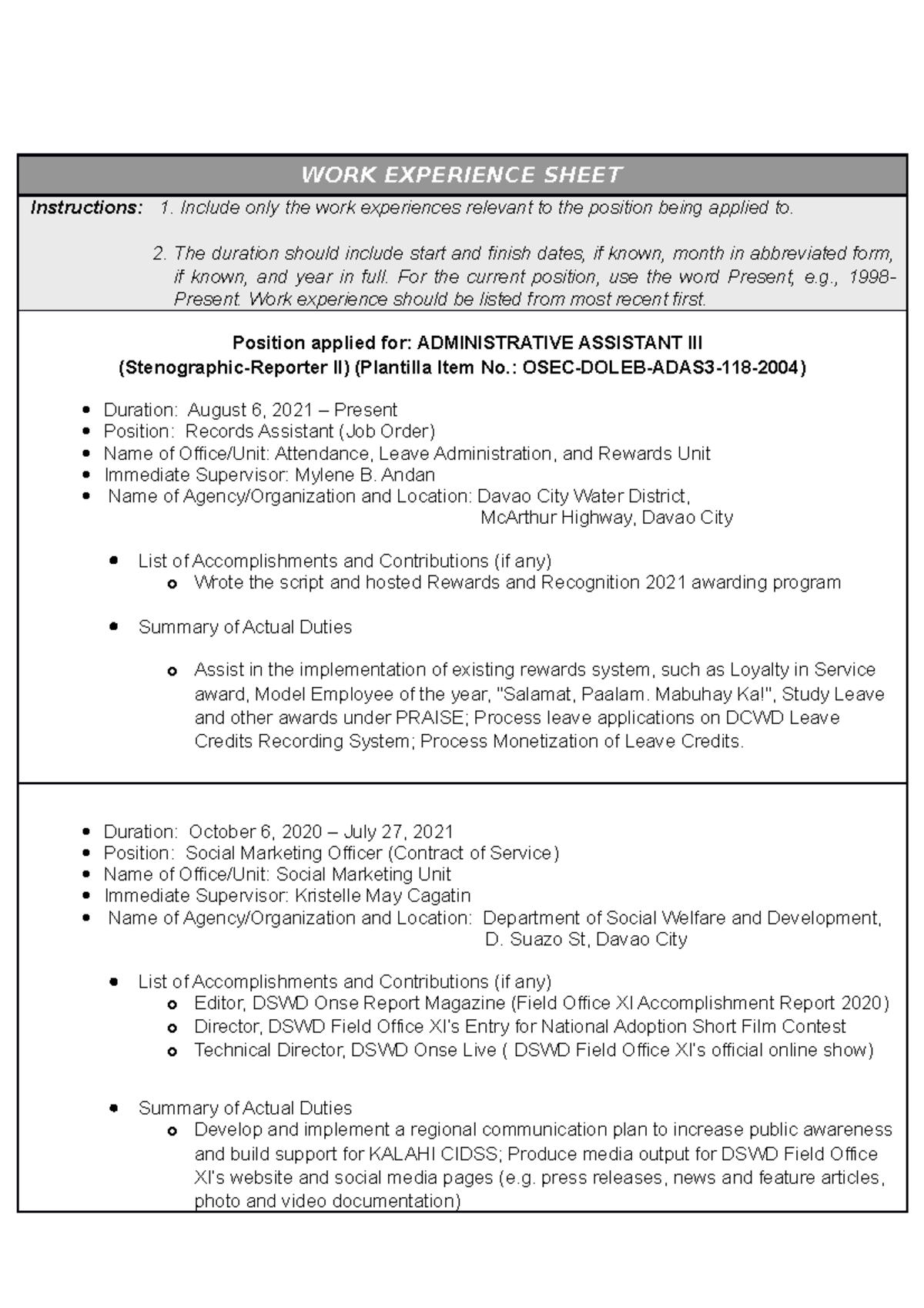 Dolecs Form No 212 Attachment Work Experience Sheet WORK 