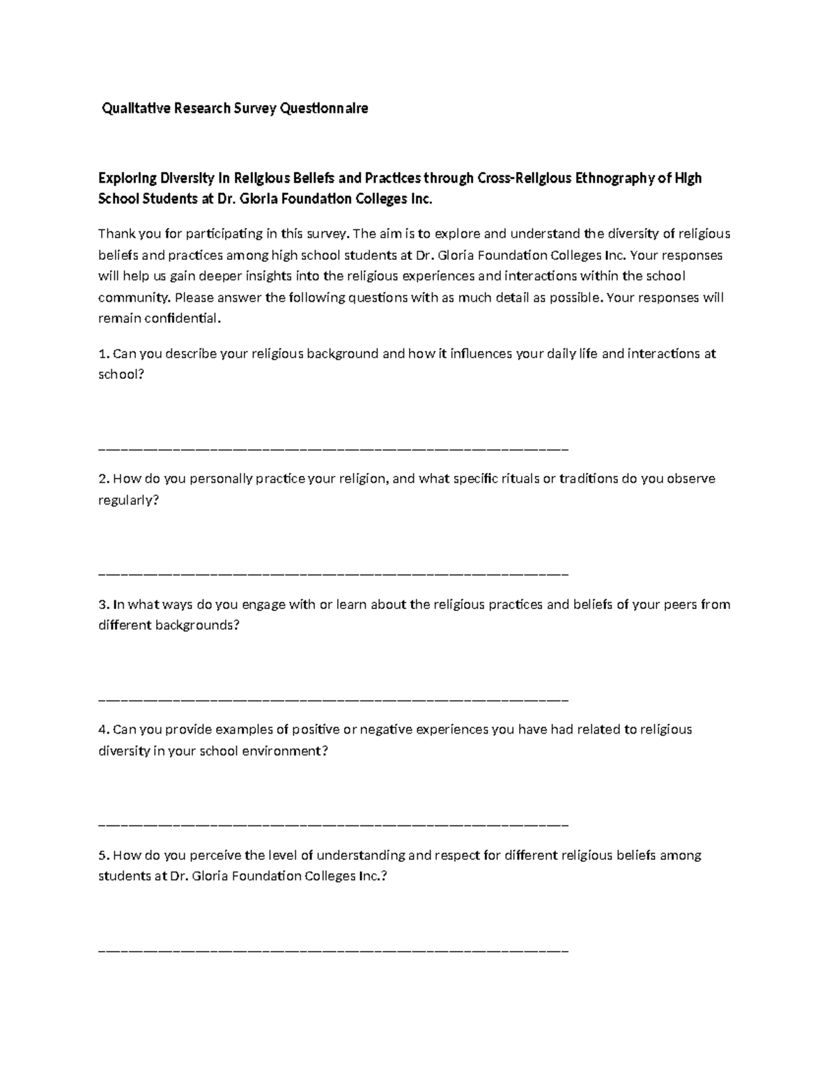 Qualitative Research Survey Questionnaire - Qualitative Research Survey ...