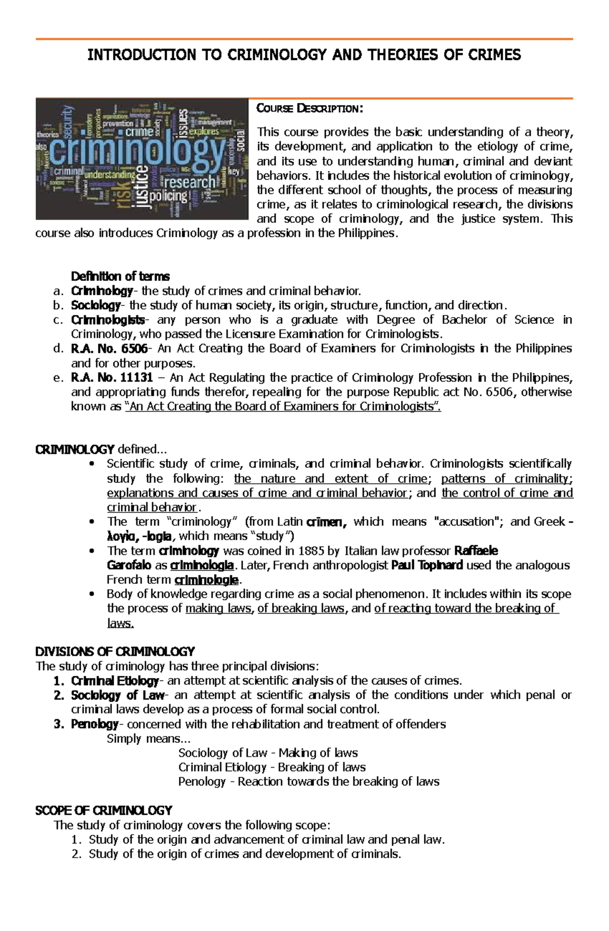 Intro TO CRIM Notes - INTRODUCTION TO CRIMINOLOGY AND THEORIES OF ...