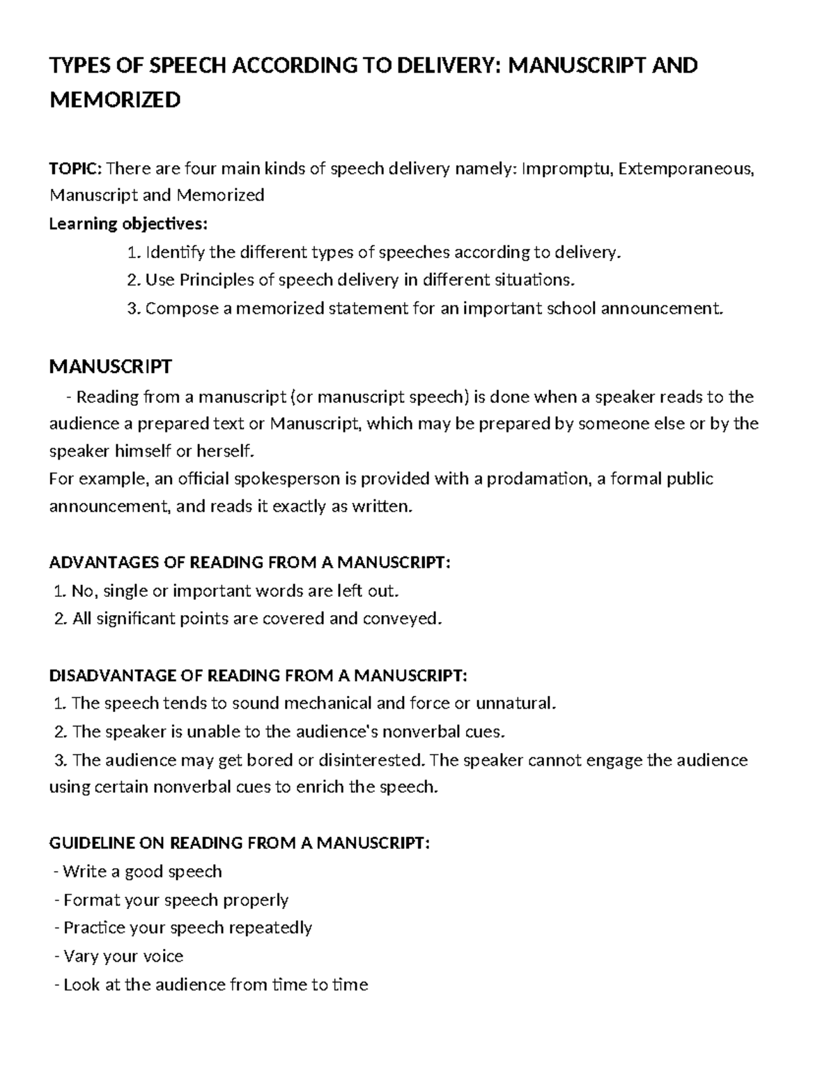 Types of Speech - TYPES OF SPEECH ACCORDING TO DELIVERY: MANUSCRIPT AND ...