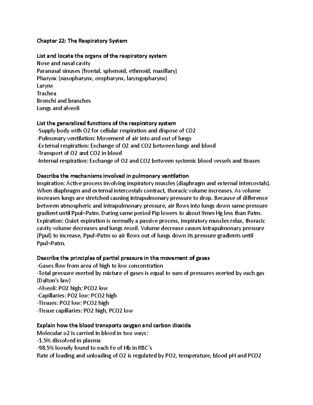 NURS1012 Midterm 2 Review - Chapter 22: The Respiratory System List and ...