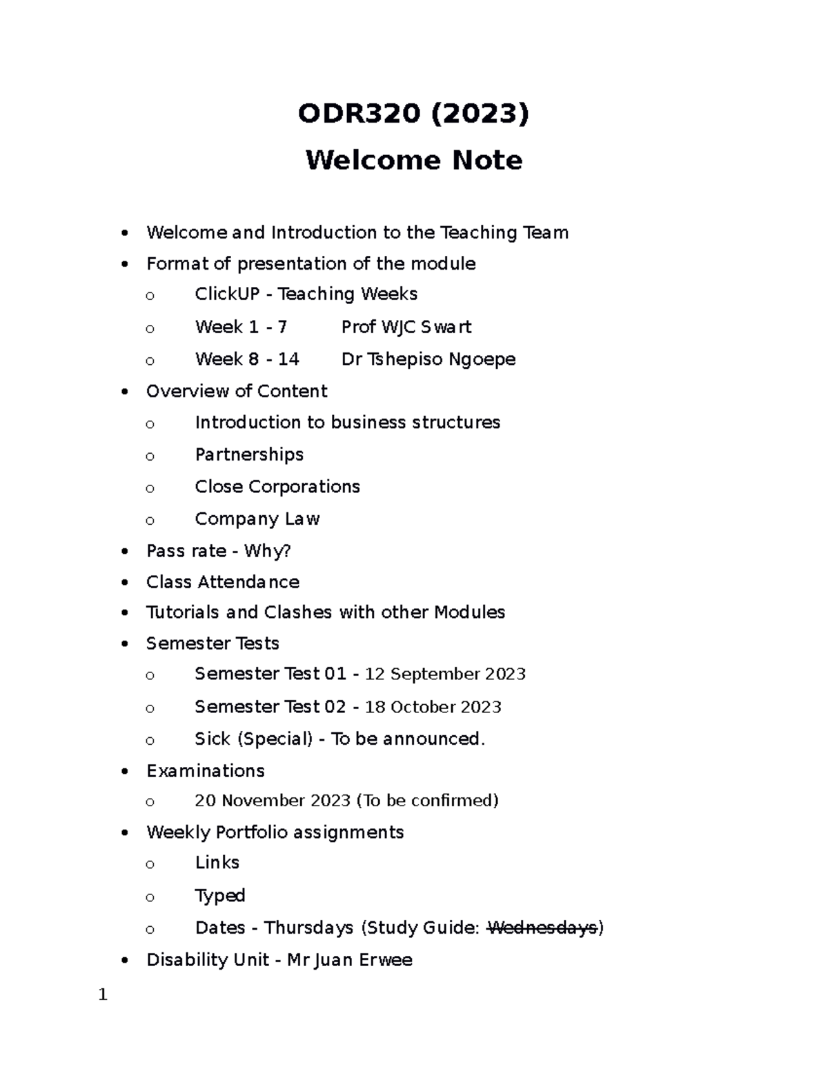 ODR320 - Welcome Note - ODR320 (2023) Welcome Note Welcome and ...