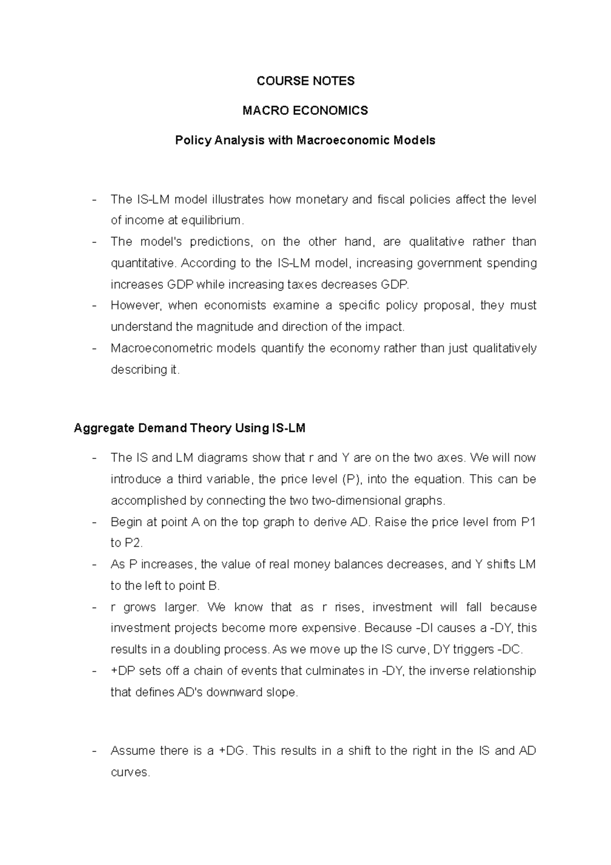 Course Notes Macroeconomics Policy Analysis with Macroeconomic Models ...