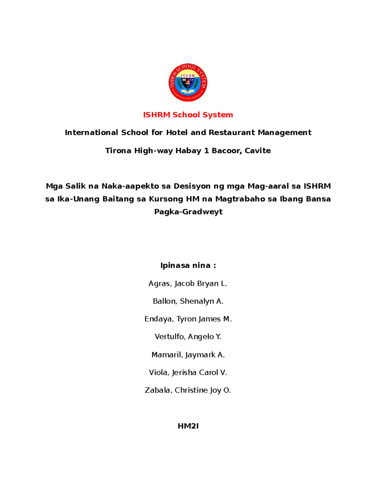 Introgroup 3 - ISHRM School System International School for Hotel and ...