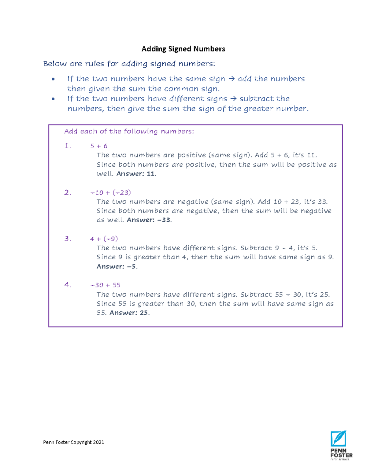 Adding Signed Numbers - Penn Foster Copyright 2021 Adding Signed ...