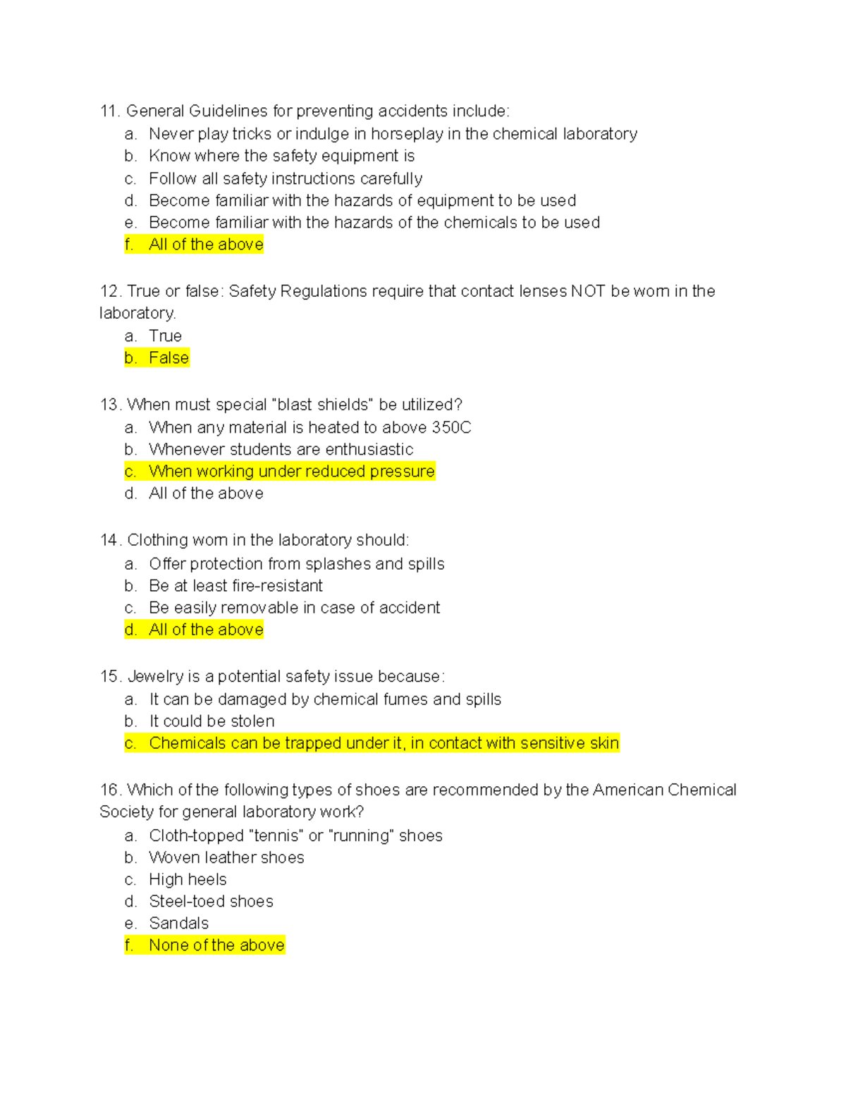 Chemistry Safety QUIZ 11-20 - General Guidelines for preventing ...