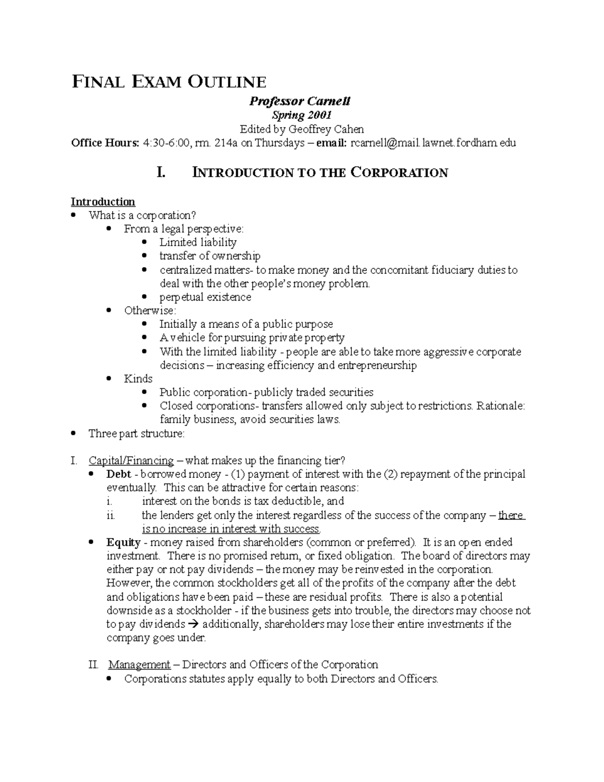 Corporations Law Outline 1 - FINAL EXAM OUTLINE Professor Carnell ...