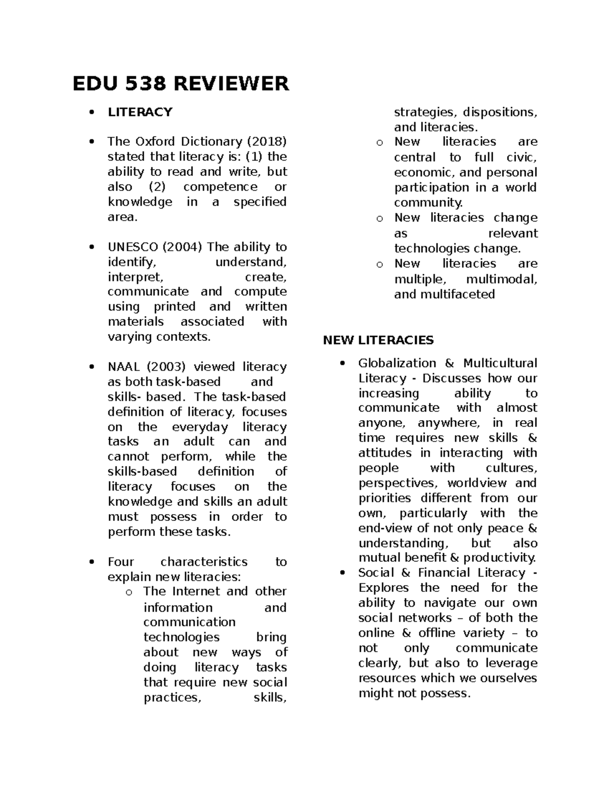 EDU-538- Compilation - EDU 538 REVIEWER LITERACY The Oxford Dictionary ...