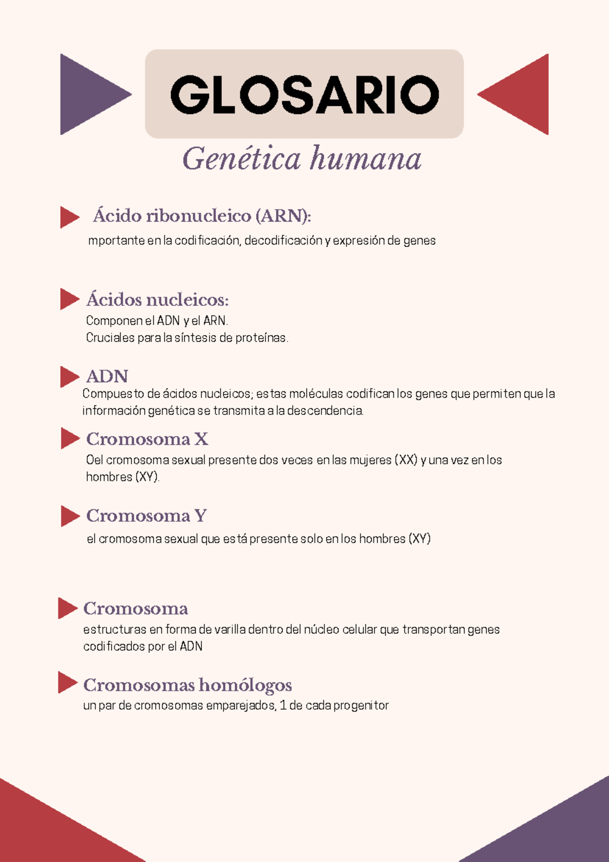 Documento Glosario Genética humana - GLOSARIO Genética humana Ácidos nucleicos: ADN Cromosoma ...