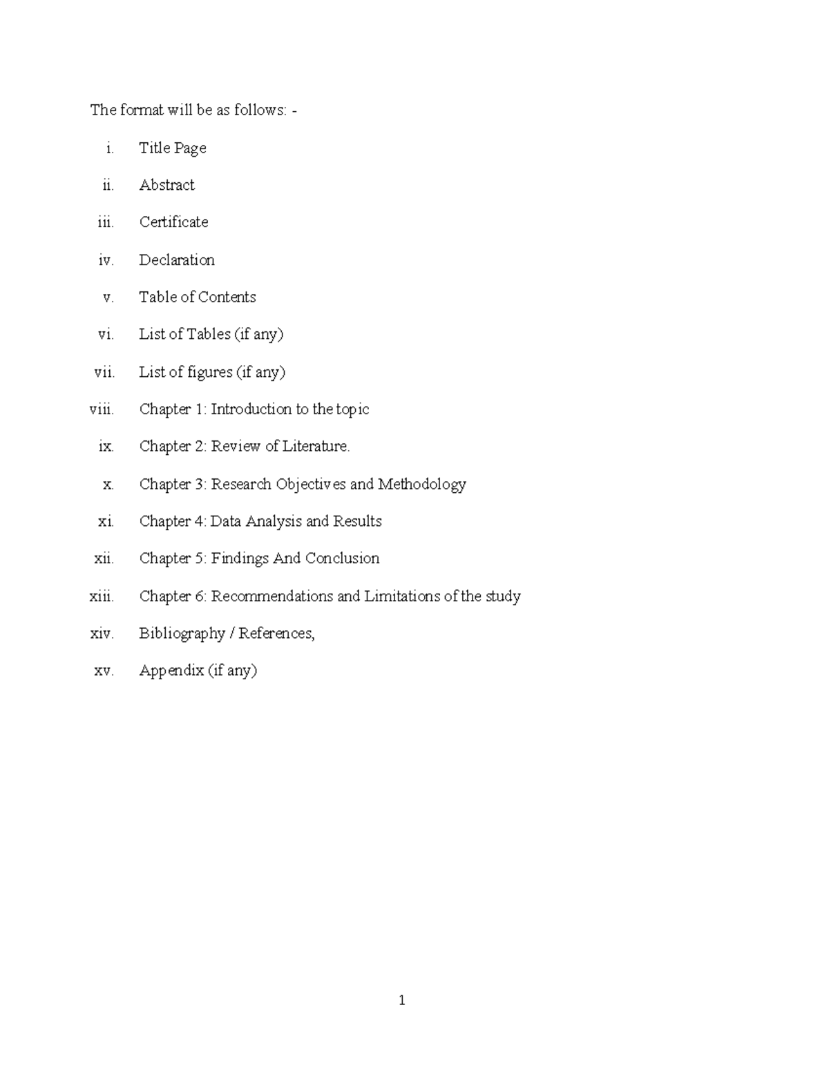 Project Format - The format will be as follows: - i. Title Page ii ...