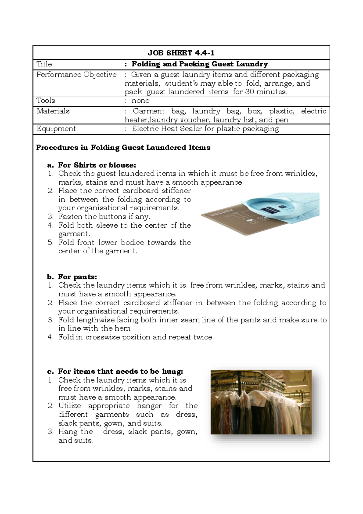 4.4-JOB- Sheet - JOB SHEET 4- 1 Title : Folding and Packing Guest Laundry Performance Objective ...
