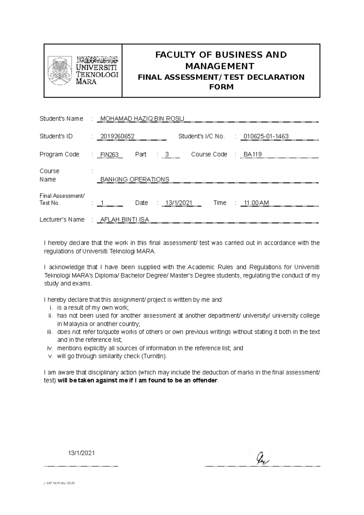 Final Assessment Test Declaration Form - Finance - UiTM - StuDocu