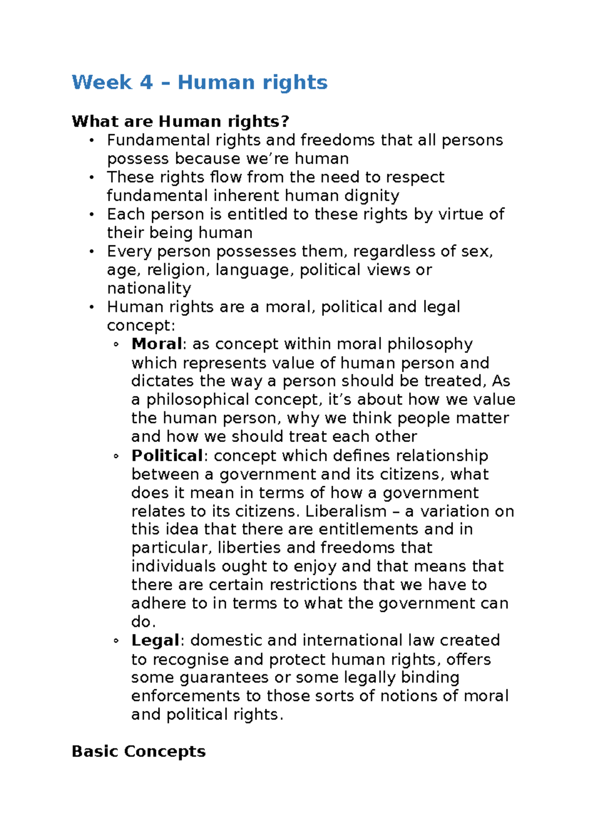 Week 4 - human rights - Week 4 – Human rights What are Human rights ...