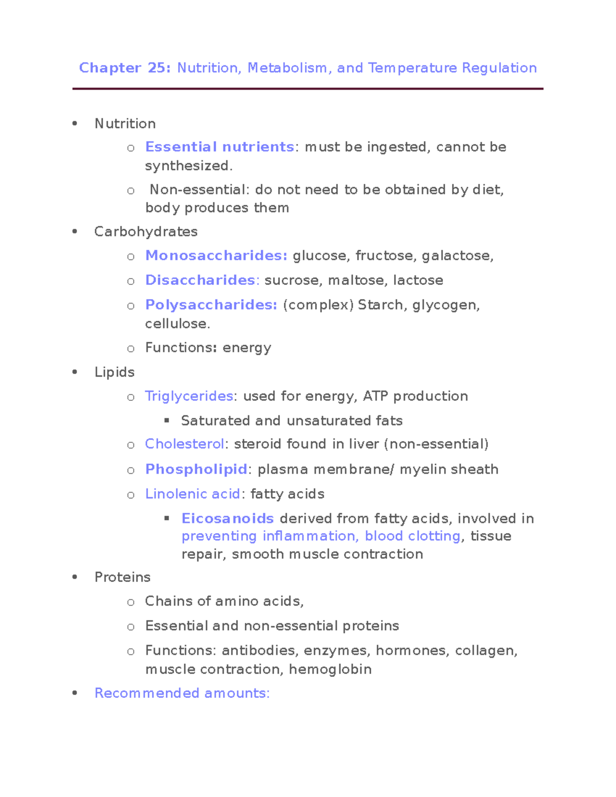 Chapter 25 - Summary Anatomy & Physiology I - Chapter 25: Nutrition ...