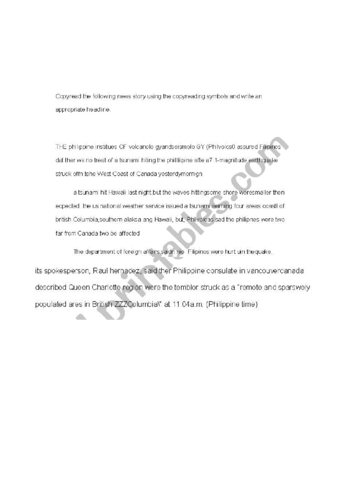 Copyreading practice sheets - Copyread the following news story using ...