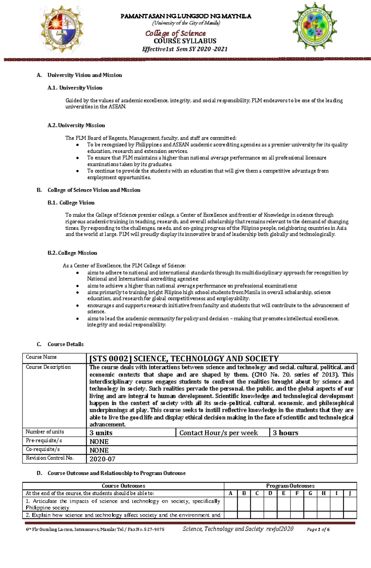 Syllabus- STS 0002 Science, Technology and Society - (University of the ...