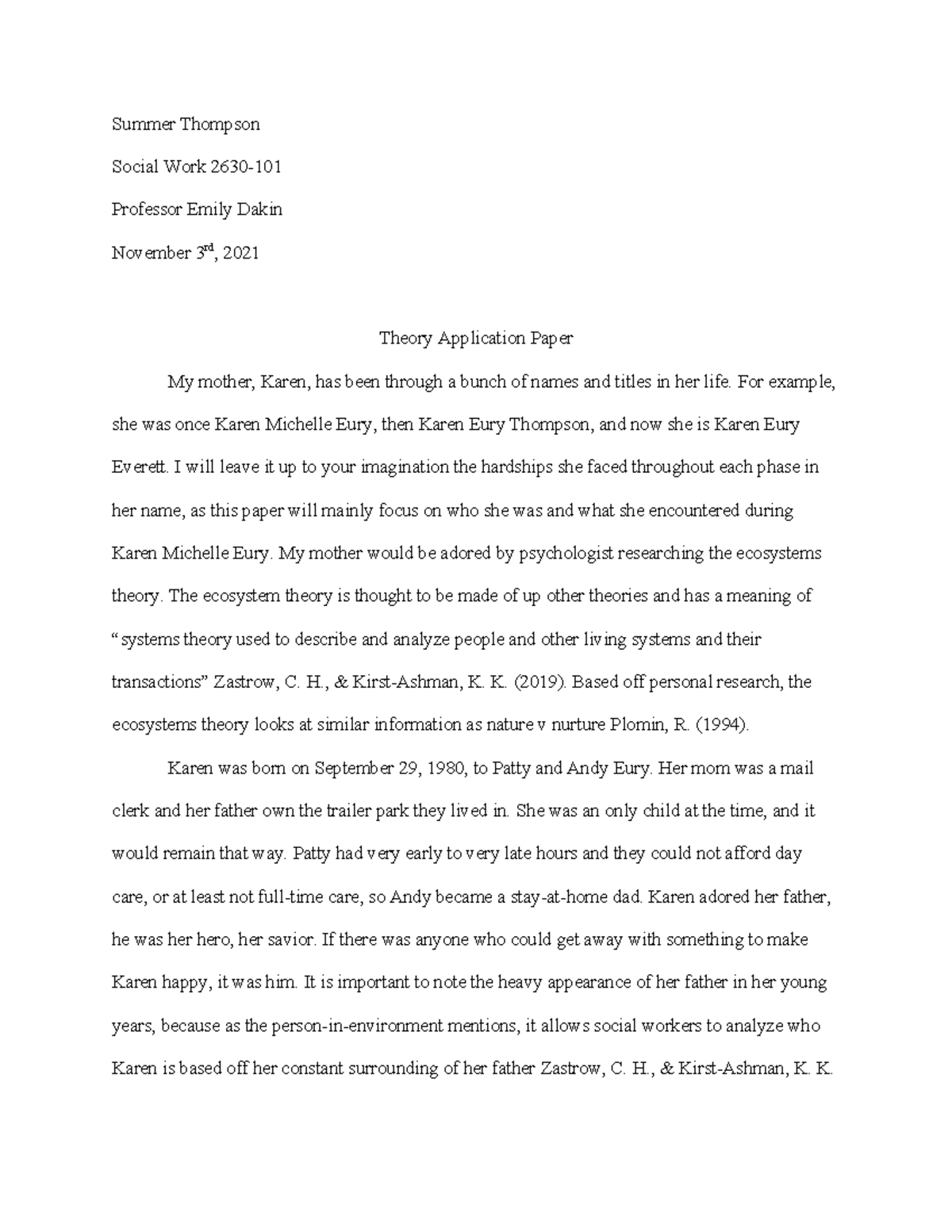 Theory application paper - Summer Thompson Social Work 2630- Professor ...