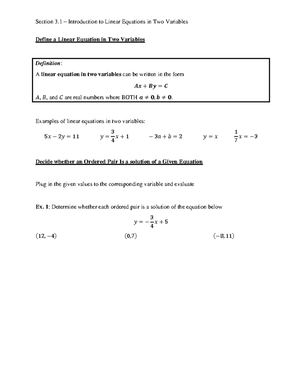 Section 3.1 - Introduction to Linear Equations in Two Variables ...