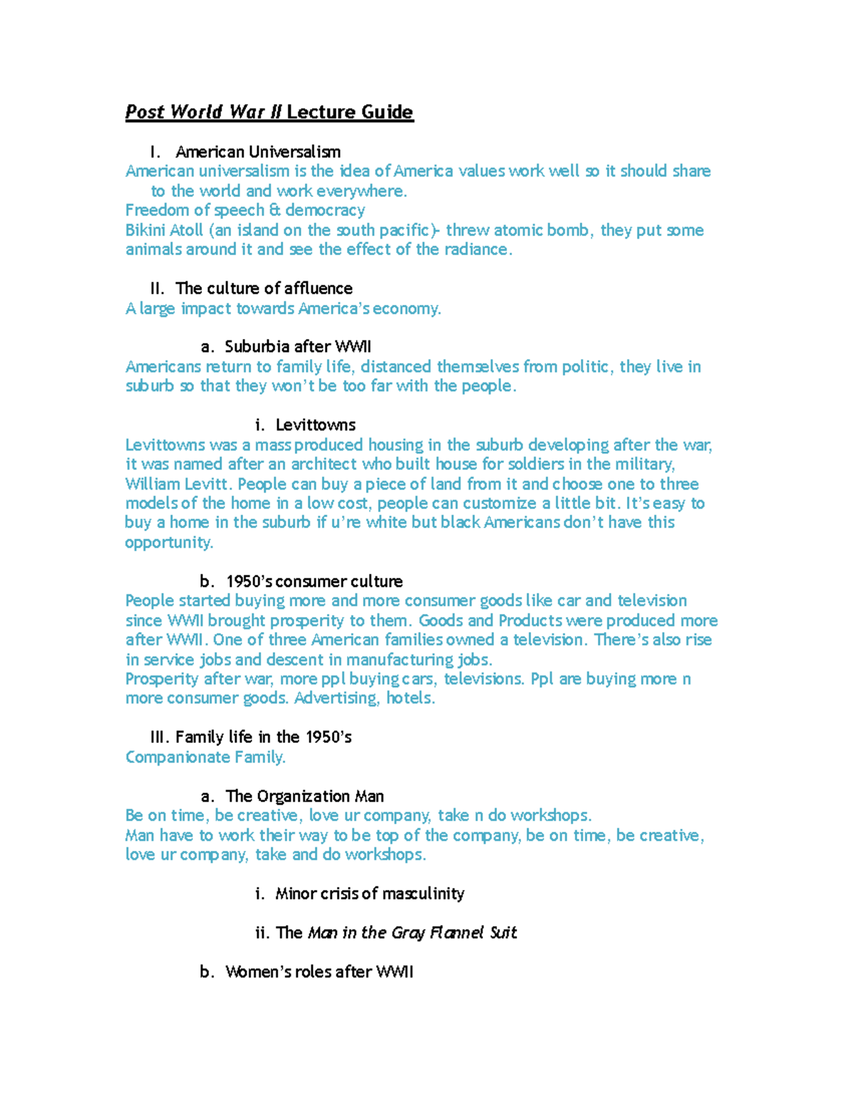 Post World War II Note - Post World War II Lecture Guide I. American ...
