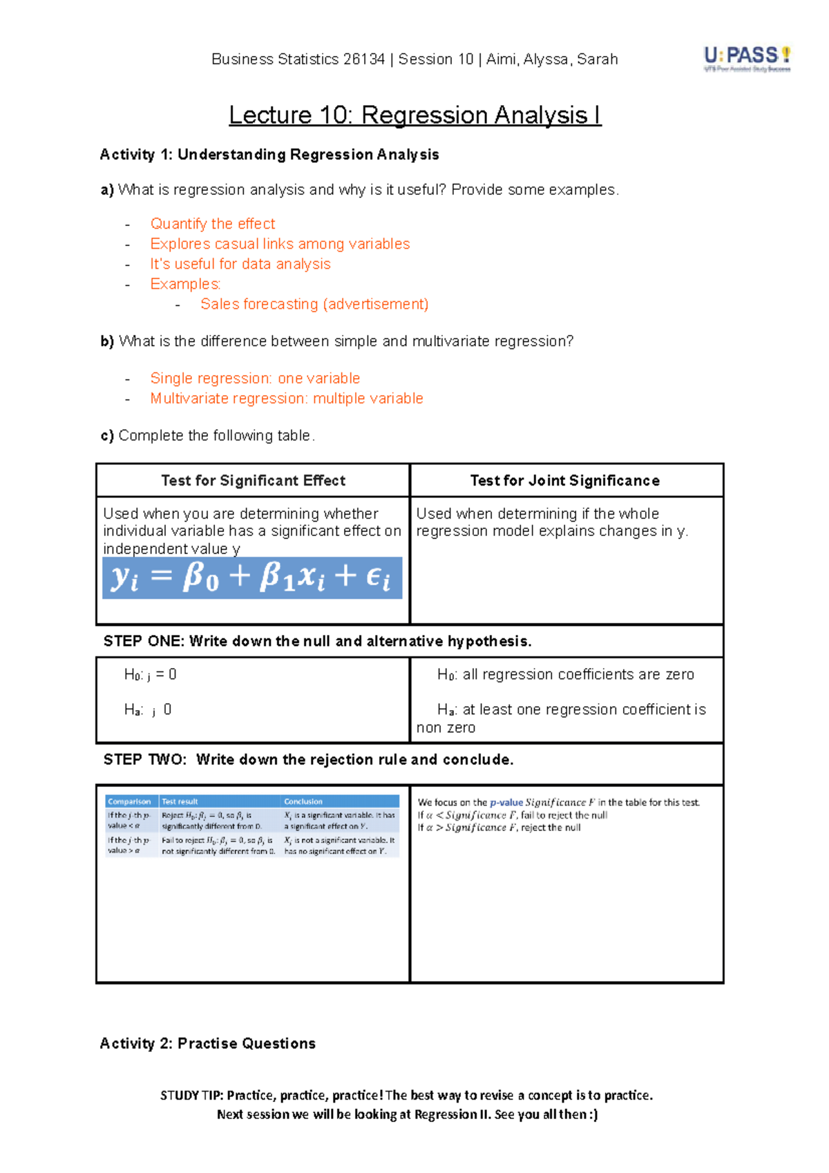U PASS 10 - Regression I - n/a - Lecture 10: Regression Analysis I ...