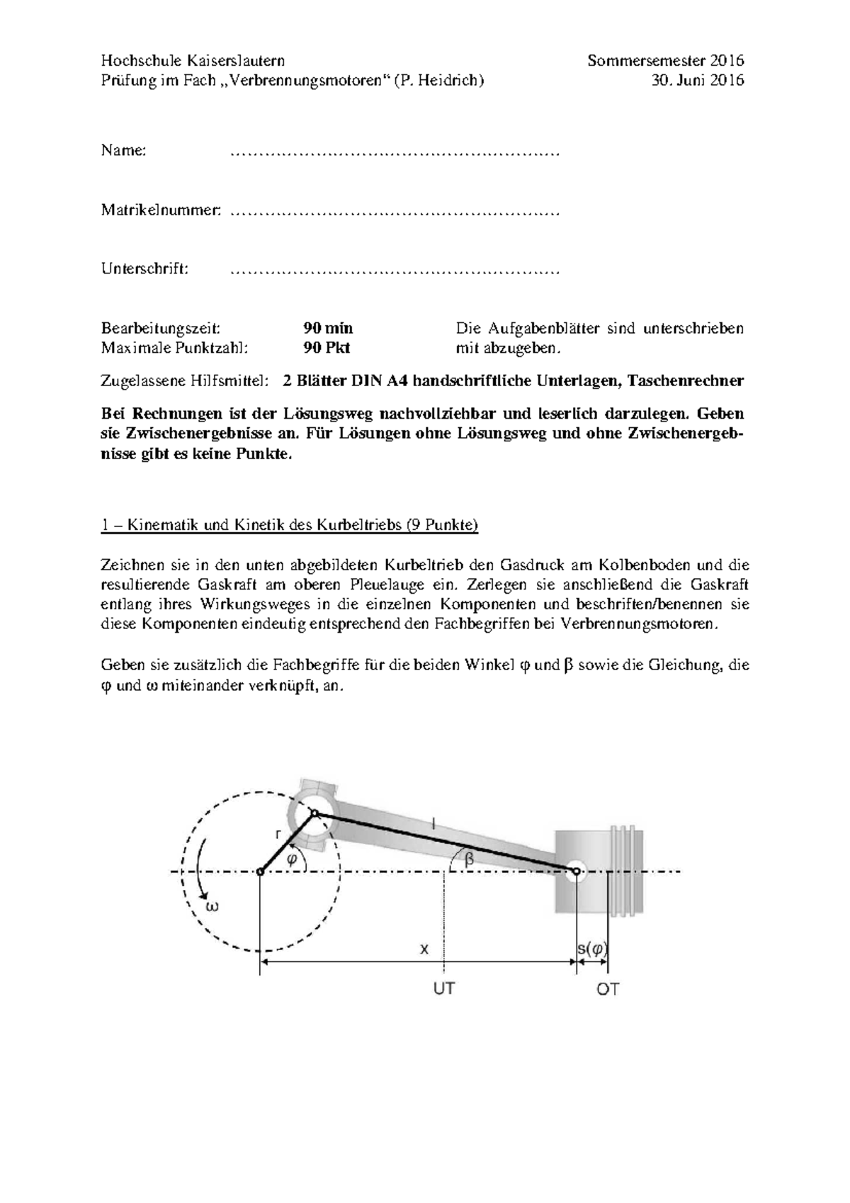 Klausur Sommersemester 2016, Fragen - Hochschule Kaiserslautern Prüfung im Fach - Studocu