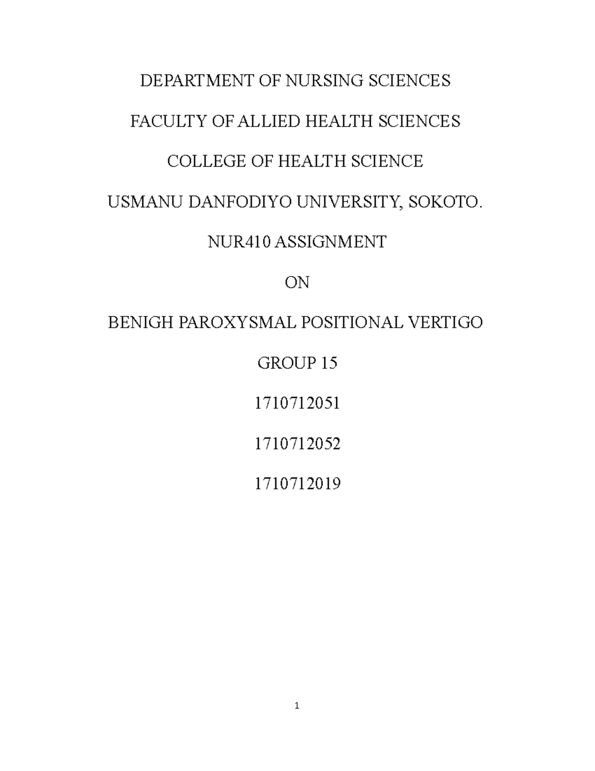 Group 15 Benign paroxysmal positional vertigo - DEPARTMENT OF NURSING ...