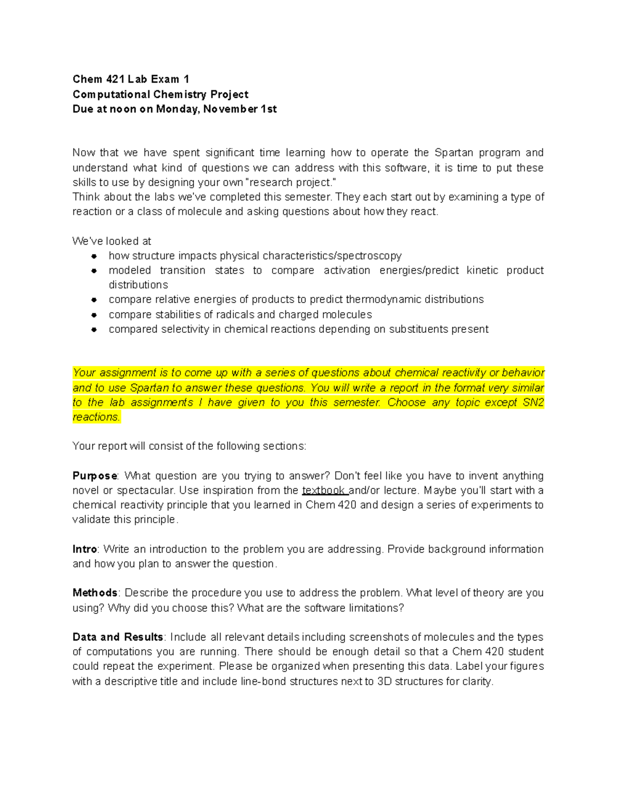 Organic Chemistry Lab Assignment Exam - Chem 421 Lab Exam 1 ...