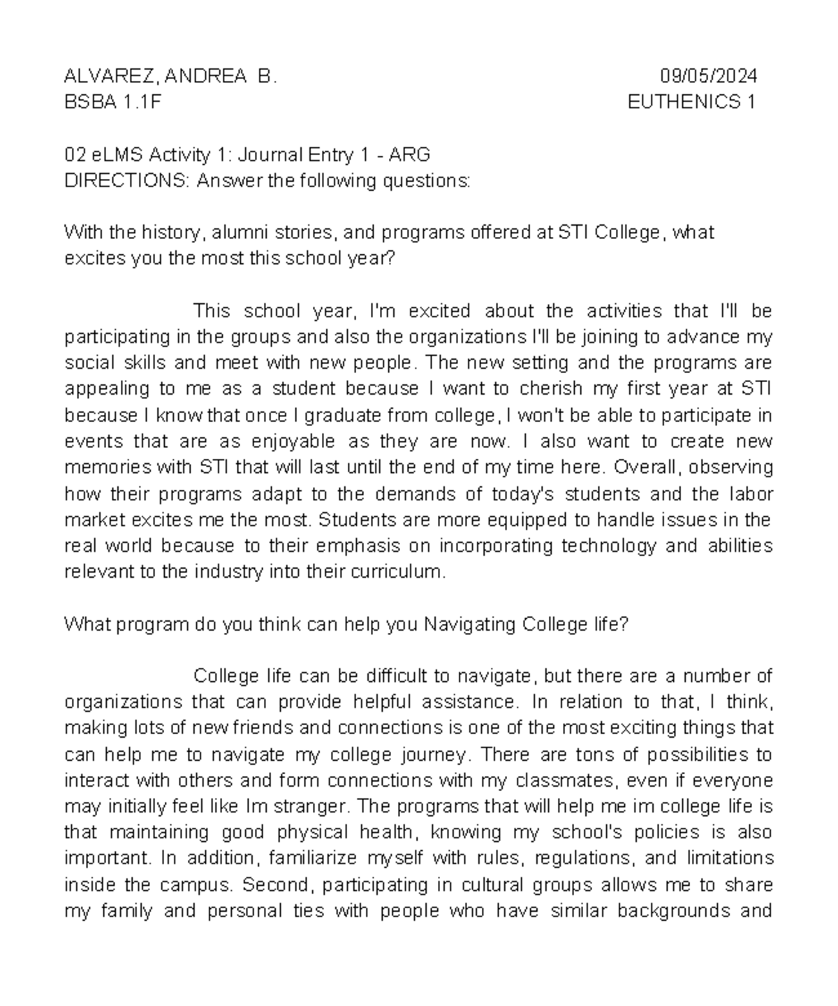 Activity 1 Journal Entry 1 - ALVAREZ, ANDREA B. 09/05/ BSBA 1 EUTHENICS ...