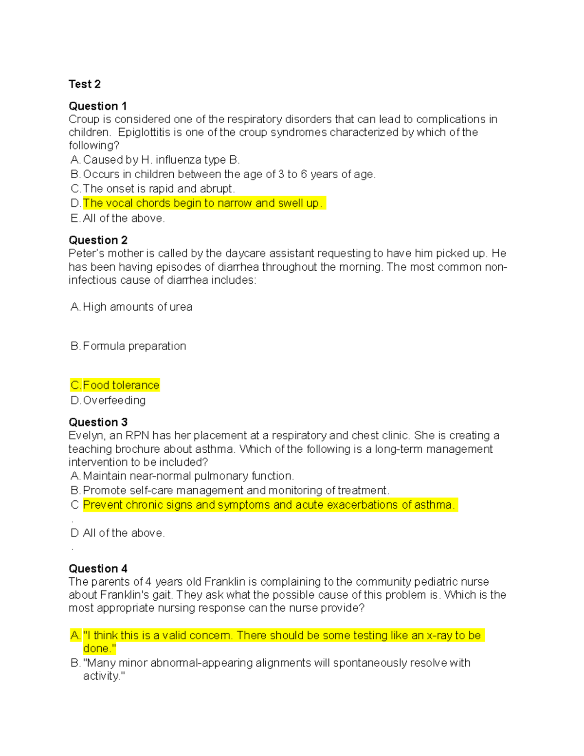 PHN 201 Healing 2 TEST 2 - Test 2 Question 1 Croup is considered one of ...