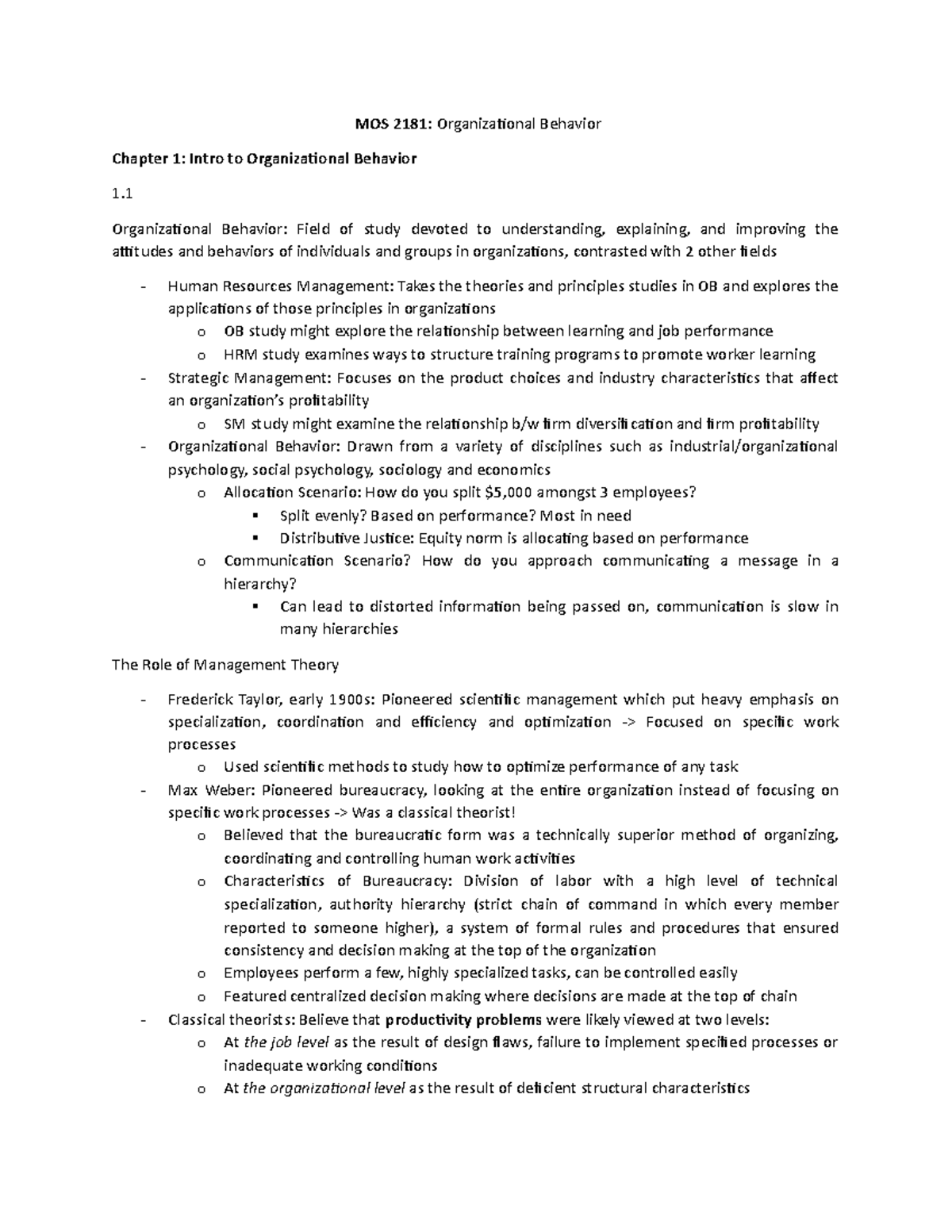 MOS 2181 - mos 2181 - MOS 2181: Organizational Behavior Chapter 1 ...
