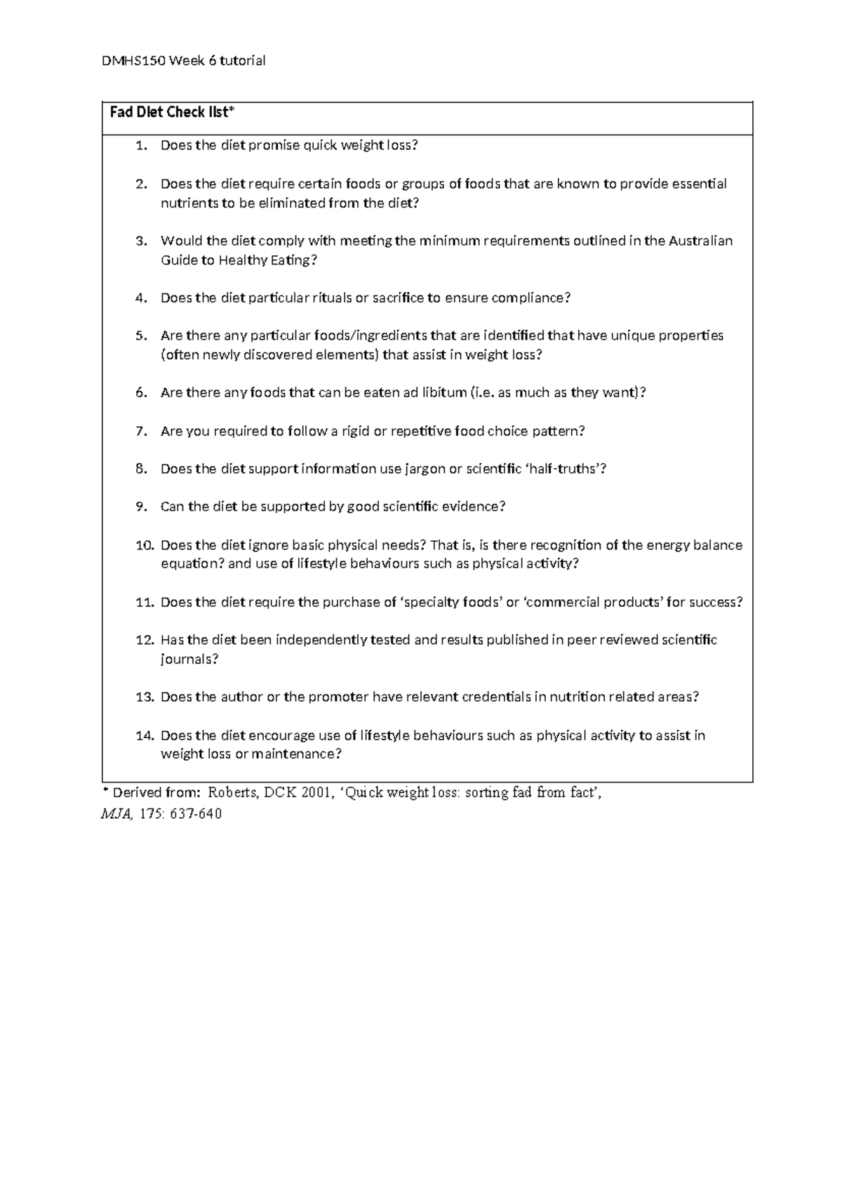 Key questions to define a fad diet - DMHS150 Week 6 tutorial Fad Diet ...